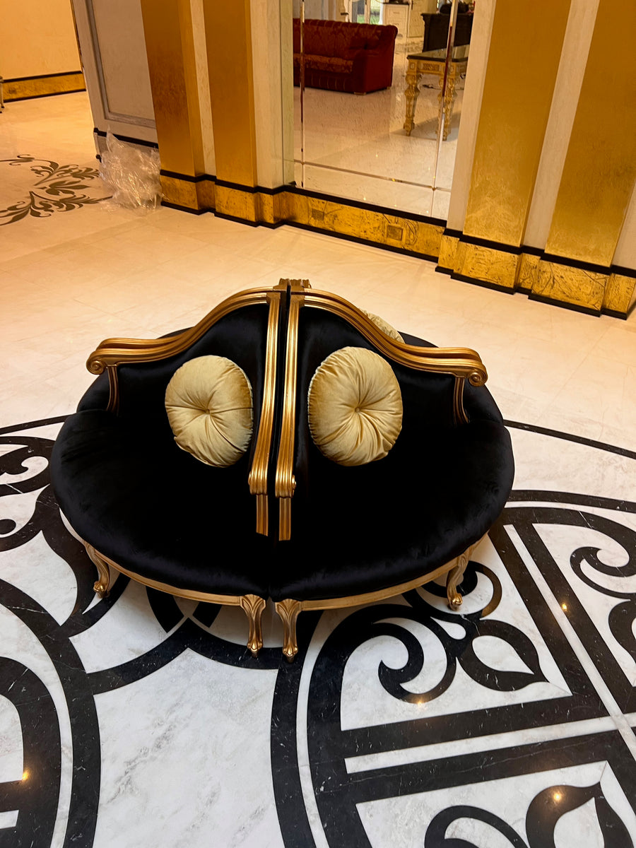 4 Piece Modular Italian Confidante Sofa, Black Velvet with Gold Frame ...